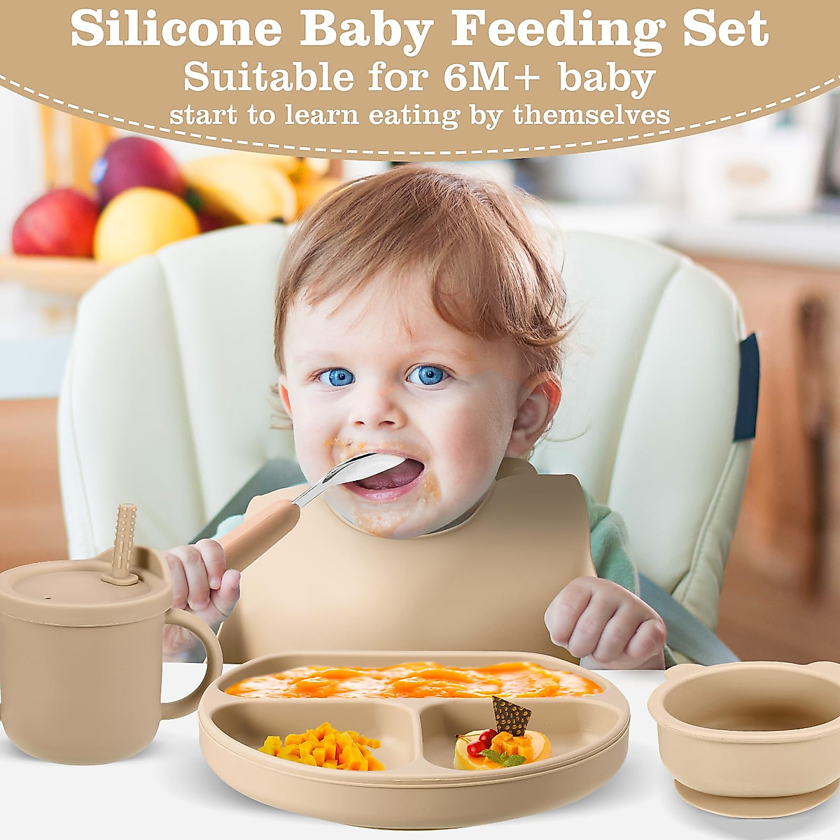 Silicone Baby Feeding Set, Baby Led Weaning Supplies with Suction Bowl Divided Plate, Toddler Self Feeding Dish Set with Spoons Forks Sippy Cup Adjustable Bib, Eating Utensils for 6+ Months(Khaki)