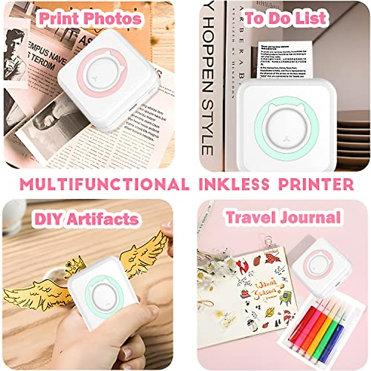 InstaProud - Portable Sticker Mini Printer, Mini C15 Pocket Thermal Printer,Wireless Bluetooth Photo Printer, Portable Label Sticker Printer for Photos Diaries Memos Study Notes(Blue-10 Paper Rolls)