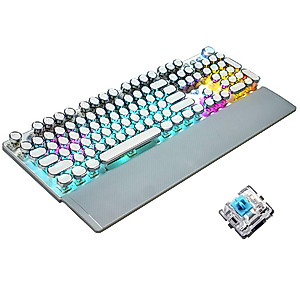 CHICHEN Mechanical Gaming Keyboard,USB Wired,Retro Steampunk Typewriter Keyboard Round Keycaps,Moveable Wrist Rest,for Laptop Desktop PC (Silver-Blue Switches)