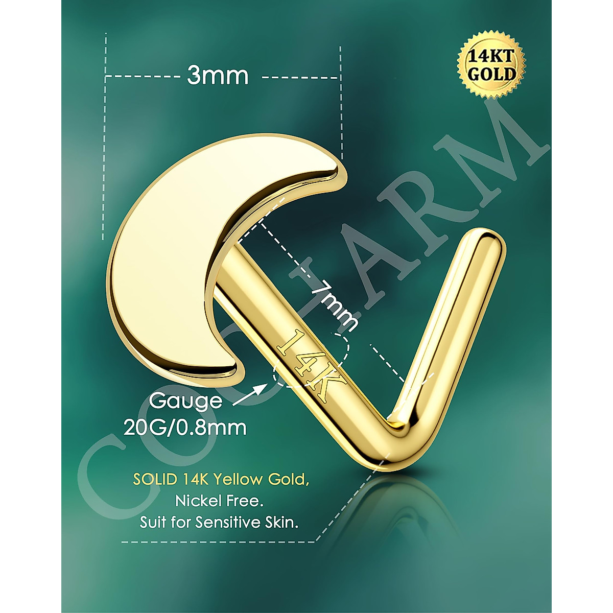 COCHARM 14k Solid Gold Moon Nose Stud for Women Gold 20g L Shape Nose Rings Stud Yellow Gold Nose Piercing Stud Real Gold Nostril Nose Stud Hypoallergenic 20 Gauge Nose Stud