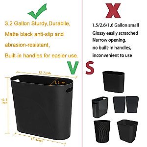 LOSYHU 3.2 Gallon Slim Waste Basket, Black, 2 Pack, Plastic Small Trash Can with Handles, 12L Capacity