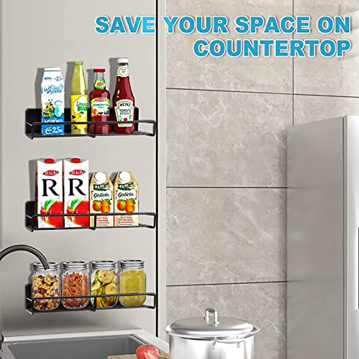 TAOUNOA 4pcs Magnetic Fridge Shelf - 2pcs Large Magnetic Spice Rack for Refrigerator and 2pcs Small Magnetic Refrigerator Organizer, Black