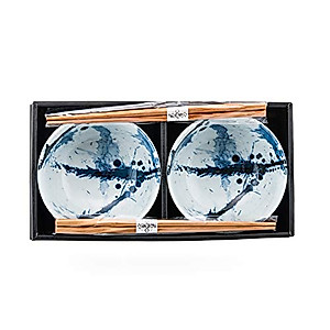 Ebros Gift Made In Japan Blue Splash Paint Abstract Art Design Porcelain Bowls With Bamboo Chopsticks Set Of 2 For Salad Ramen Pho Soup Cereal Home Kitchen Decorative Japanese Artistic Bowl