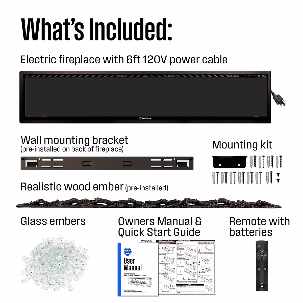 Westinghouse 50 Inch Electric Fireplace Heater, Compatible with Alexa & Google Home, Wall Mount or in-Wall Recessed Fireplace Insert, 24 Hour Timer, Color Changing Flames, 750W/1500W Indoor Heater