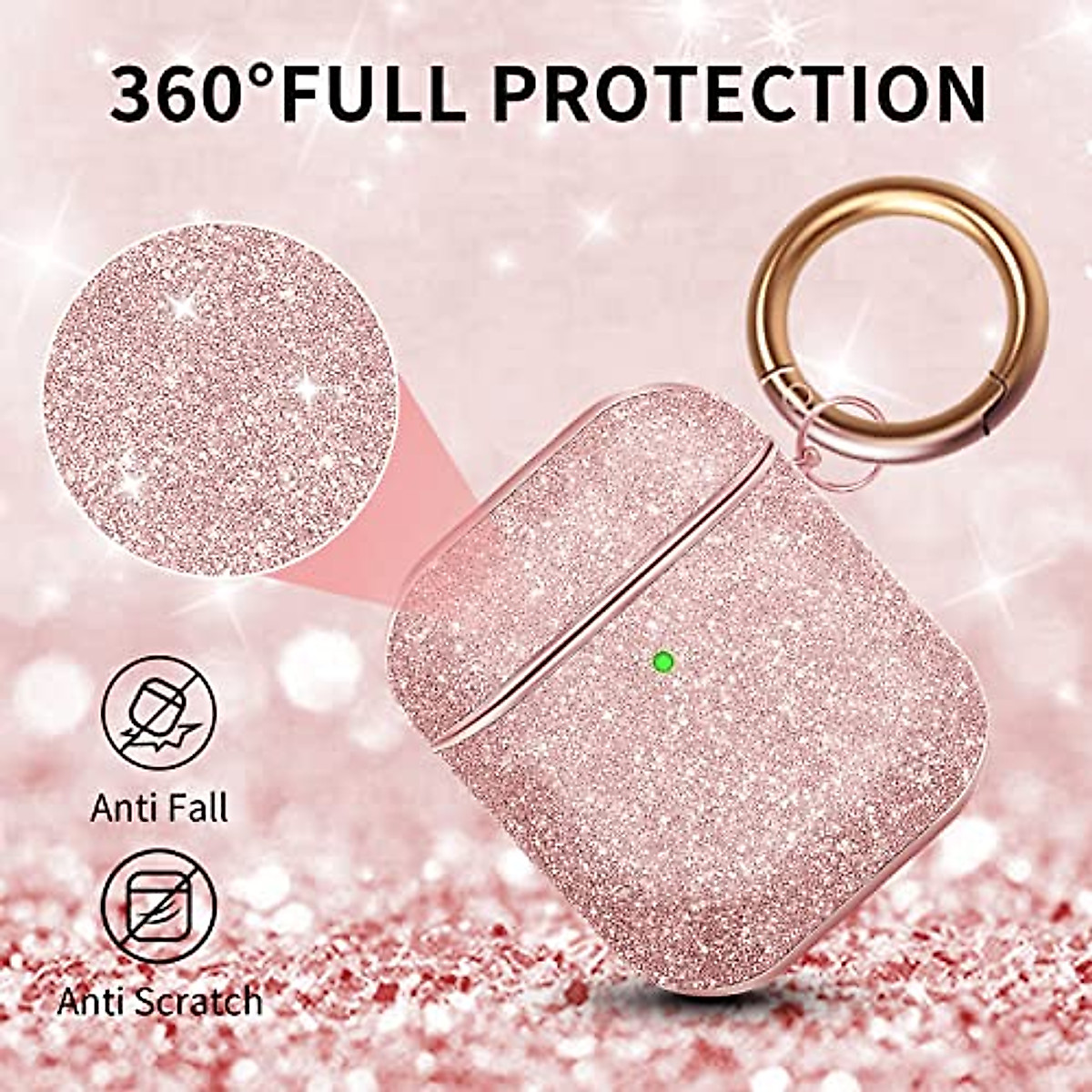 MOLOVA Bling Case for Airpods 1&2 Case,Hard Cover Glitter Rose Gold Luxury Leather with Gold-Plated Frame Shock Proof Cover with Keychain（Rose Gold）