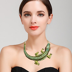 BriLove Women's Gothic Stylish Crystal Crocodile Statement Necklace Green Gold-Tone
