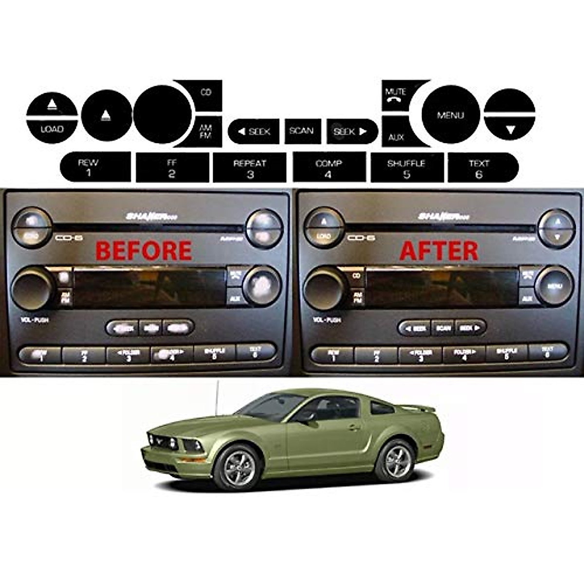Decal USA brand FITS; 2005 2006 Ford Mustang 4.6 GT Shaker 500 & Convertible Replacement Radio Button Stickers Decals New USA CD Player 6 DISC 6-CD Button Overlay Kit