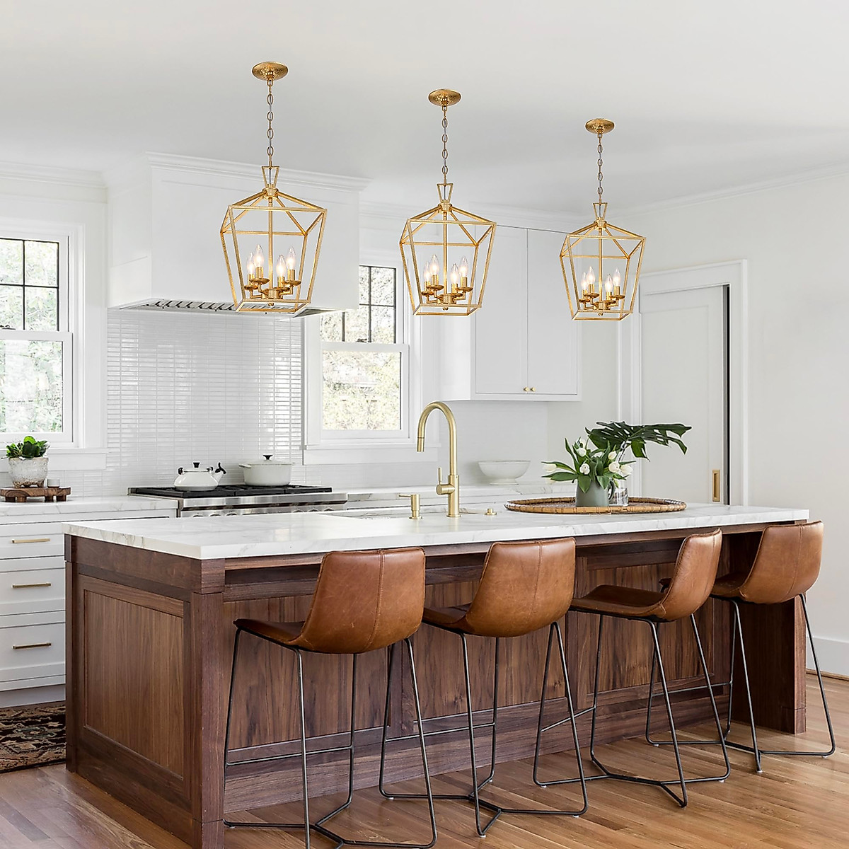 Untrammelife 4-Light Aged Gold Lantern Pendant Light, Adjustable Height Metal Geometric Light Fixture 12’’ Classic Cage Lantern Chandelier for Kitchen Island Hallway, Hand-Pasted Gold Foil Finish