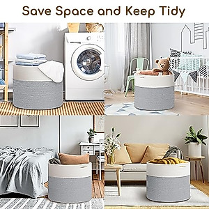 Comfymon Extra Large Cotton Rope Basket 24" x 24" x 17.3" Blanket Basket for Living Room, Woven Baby Laundry Hamper with Handles, Toy Storage Bin, XXXLarge Baskets for Storage, Grey