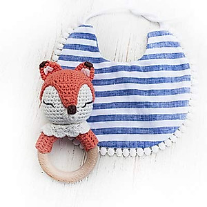 Natural Crochet Teether Toy Rattle for Baby Forest Friends Amigurumi Crochet Bunny Deer Fox on Natural Wooden Teething Ring Rattle and Beaded Pacifier Clip (Foxy)