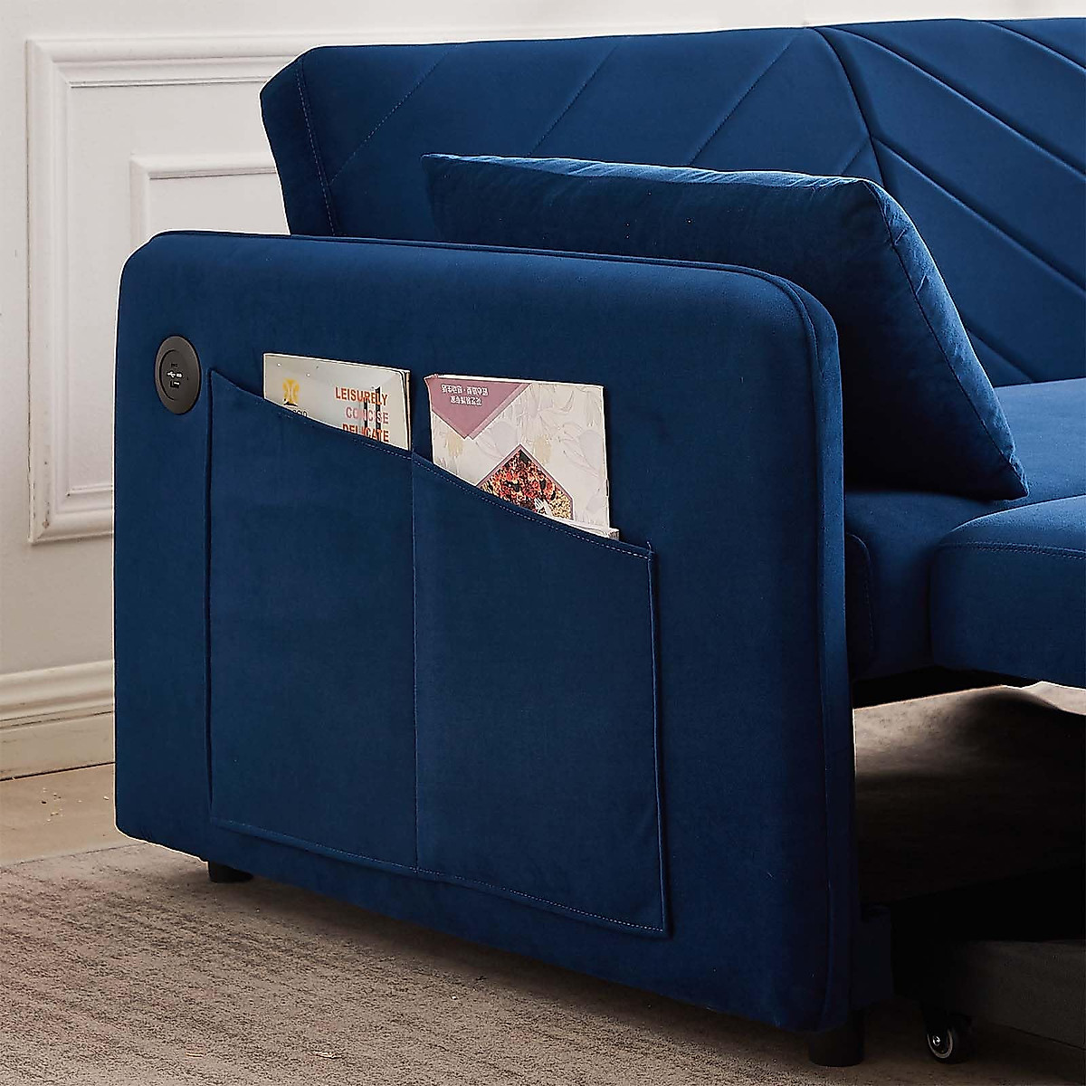 Antetek Sleeper Sofa Bed w/USB Port, Modern 3-in-1 Convertible Upholstered Velvet Loveseat Sofa w/Pull Out Bed, Small Futon Couch with Adjustable Backrest for Living Room Small Space Apartment, Blue