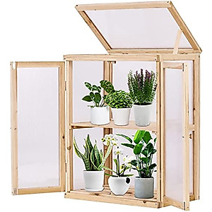 Wooden Cold Frame Greenhouse 2-Tier Garden Mini Nursery Vented Planter Wood Portable Flower Cabinet Front Top Opening Home Decor Indoor Backyard Outdoor 22X14X29