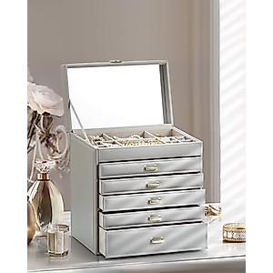 Vlando 6 Tier Large Jewelry Box for Women - Big Jewelry Organizer with Mirror, Jewelry Box Organizer for Drawer Necklace Ring Bracelet and Watch, Gift for Loved Ones Gray