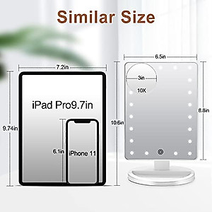 COSMIRROR Lighted Makeup Vanity Mirror with 10X Magnifying Mirror, 21 LED Lighted Mirror with Touch Sensor Dimming, 180°Adjustable Rotation, Dual Power Supply, Portable Cosmetic Mirror (White)