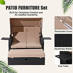 B BAIJIAWEI Outdoor Wicker Loveseat - Patio Furniture Set with Retractable Canopy, Adjustable Back, Side Table, Ottoman, Cushion - PE Rattan Sofa Set for Garden Poolside Backyard Lawn Porch