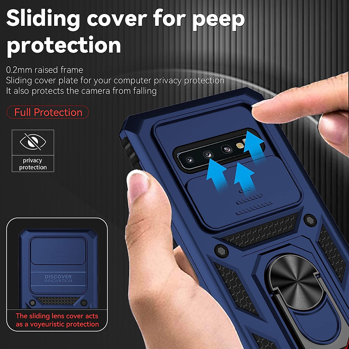 for Samsung Galaxy S10 Case with Camera Lens Cover HD Screen Protector, Dual Layer Military-Grade Drop Tested Magnetic Ring Holder Kickstand Protective Phone Case for Samsung Galaxy S10 (Navy Blue)