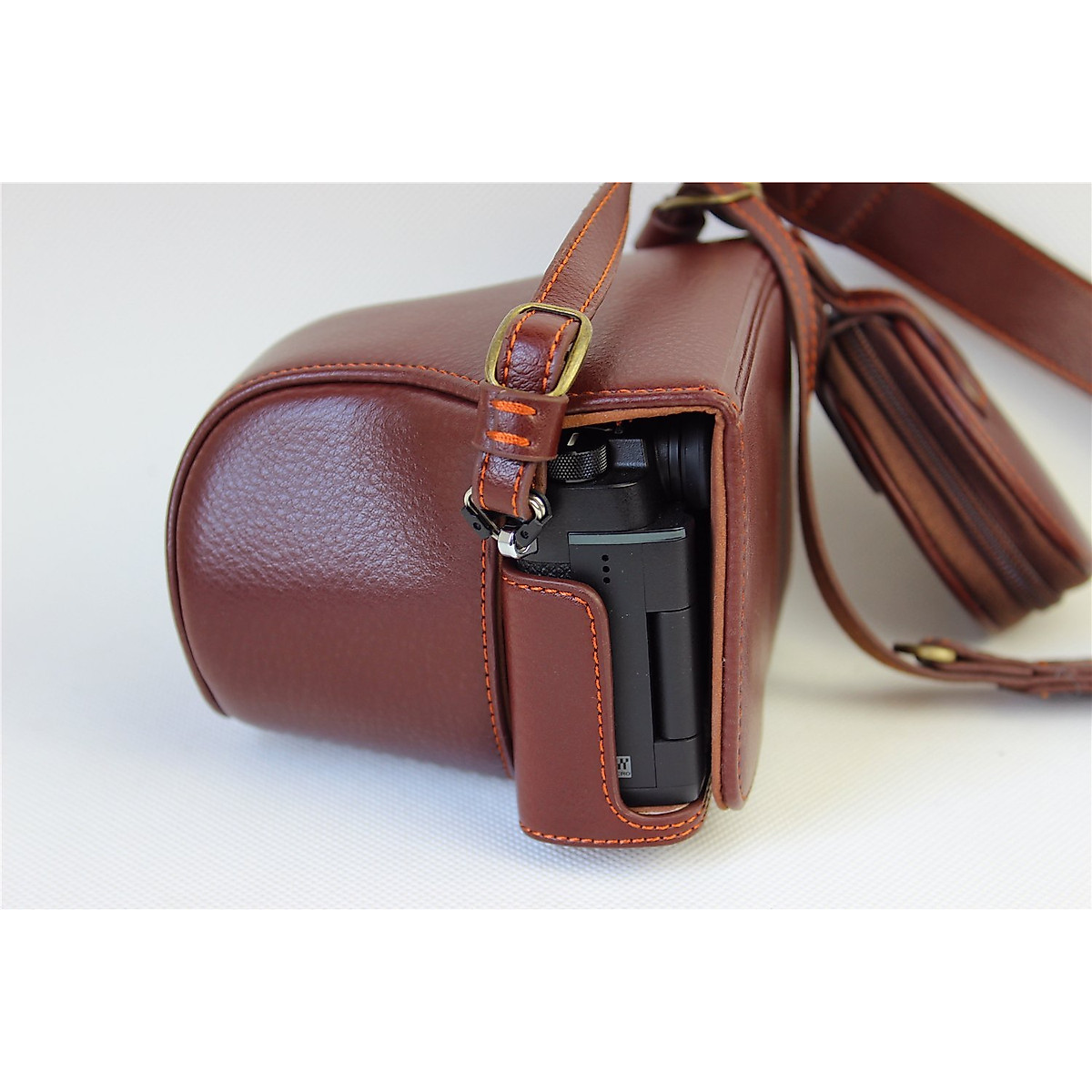 Olympus Pen-F Case, BolinUS Handmade Genuine Real Leather Fullbody Camera Case Bag Cover for Olympus Pen-F Bottom Opening Version with Neck Strap - Brown