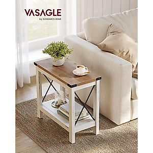 VASAGLE 2-Tier End Table, Side Table with Bottom Shelf, Nightstand for Small Spaces, for Living Room, Bedroom, Farmhouse Style, Rustic White and Honey Brown ULET235W01