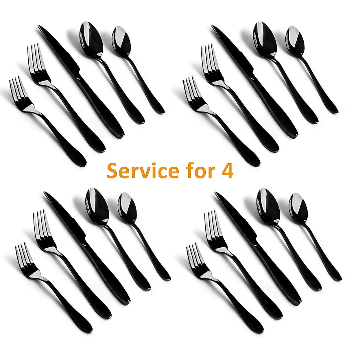 E-far Silverware Set, 20-Piece Black Stainless Steel Flatware Utensil Set, Include Knife/Spoon/Fork, Mirror Polished, Dishwasher Safe - Service for 4