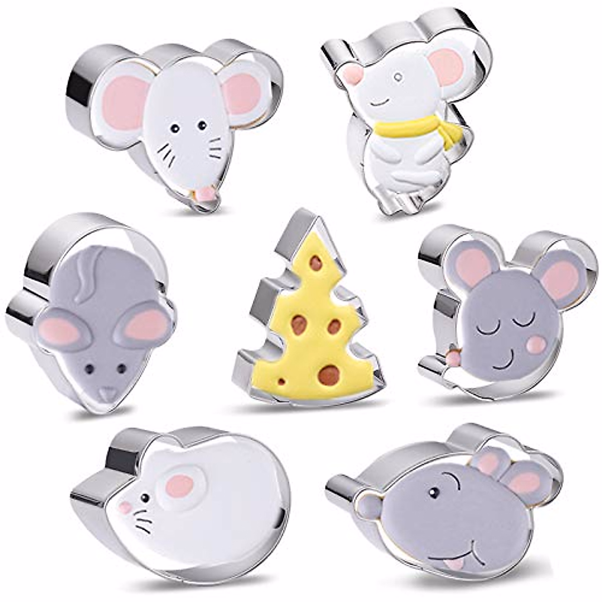 Cute Mouse Shaped Cookie Cutters Set of 7 pcs, Stainless Steel Mice Head Rat Cheese Series Fondant Cut-outs Set Baking DIY Molds