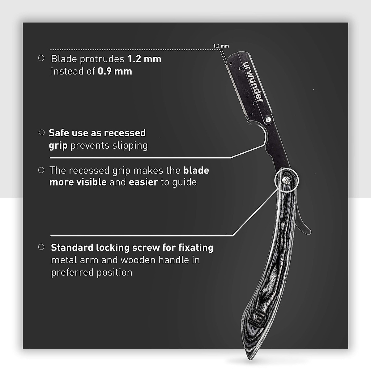 Precise German Straight Razor - urwunder - Shavio - Genuine Leather Case - Simple Manuals - 4-Pin Blade Holder [Black Arm/Black Wood]