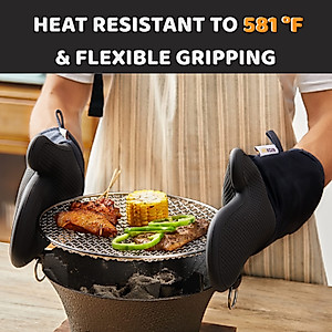 JEEKOIN Professional Oven Mitts Flexible and Durable, Honeycomb Silicone Oven Mitt Heat Resistant 581, Extra Long Cooking Protection BBQ Gloves, Non-Slip Pot Holders, BPA-Free, 14 Inch 1 Pair, Black