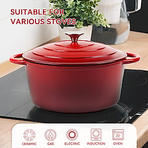 Gacuray 4.5Qt Enameled Cast Iron Dutch Oven Pot with Lidnd Dual Handles Heavy Duty Non-Stick Red