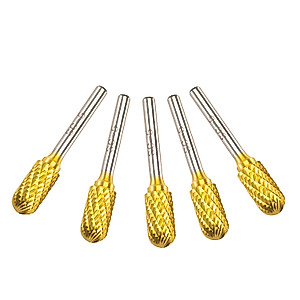 SC-5 5pcs Tungsten Carbide Burr TiN Rotary File Cylindrical Shape with Radius End Double Cut with 1/4''Shank for Die Grinder Drill Bit