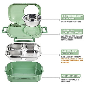 Puraville Stainless Steel Bento Lunch Box for Kids and Adults,Stackable BPA-Free Food Containers with 3 Compartments and Reusable Sauce Bowl, Fork and Spoon, (1000ml/34oz,Green)