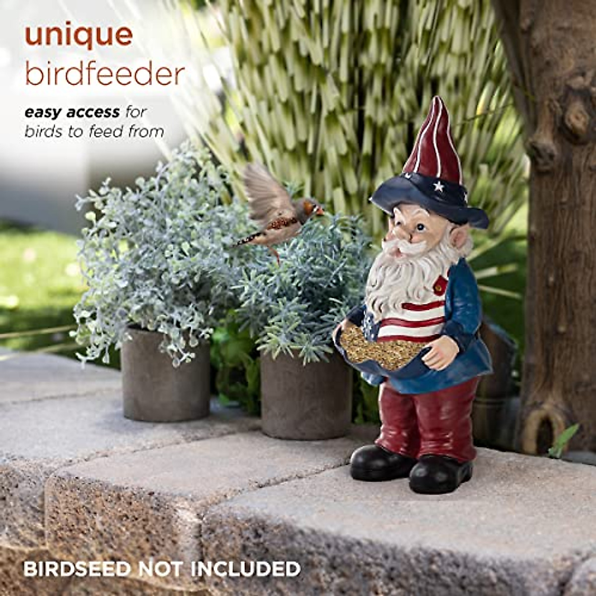 Alpine Americana Gnome with Flag Apron Bird Feeder, 12 Inch Tall
