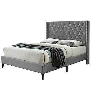 Better Home Products Amelia Velvet Tufted Queen Platform Bed in Gray