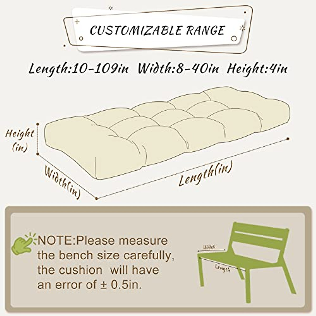 FINDEN Custom Bench Cushion, Patio Bench Cushion Indoor,Outdoor Cushions for Patio Furniture Chair Cushion Bench Pad,Bench Seat Cushion,Porch Swing Cushions Bay Window Sofa Garden Cushion