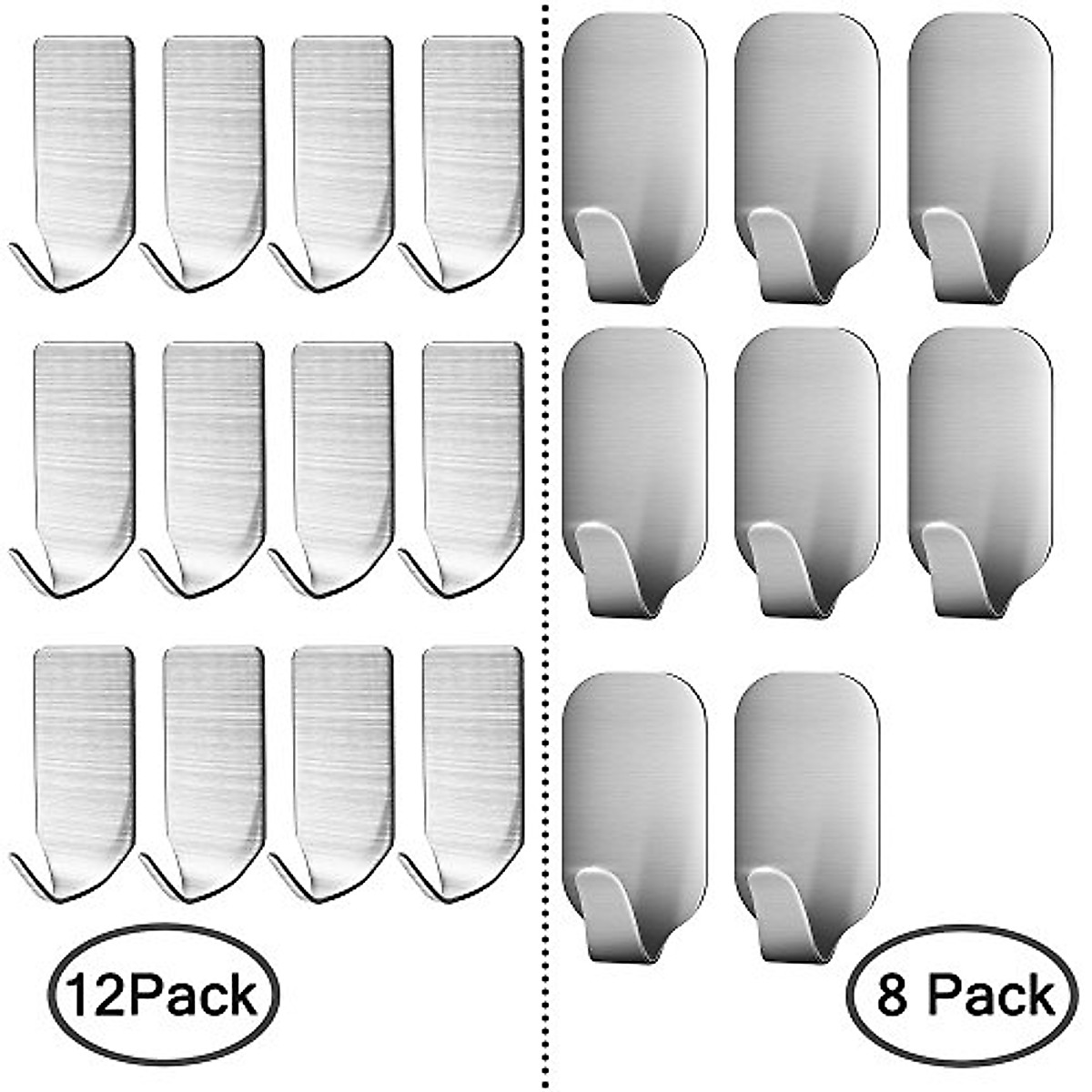 20 Pieces Self Adhesive Stainless Steel Wall Hooks, FineGood Metal Utility Hanging Hooks for Robe, Coat, Towel, Keys, Bags, Home, Kitchen, Bathroom, Heavy Duty Ultra Strong - 8 Large,12 Small