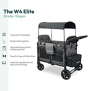 WONDERFOLD W4 Original Quad Stroller Wagon Featuring 4 High Face-to-Face Seats with 5-Point Harnesses, Easy Access Front Zipper Door, and Removable UV-Protection Canopy, Black