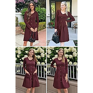 OUGES Womens Fall Long Sleeve Midi Dresses Button Down V Neck Skater Dress with Pockets 2023(Red,L)