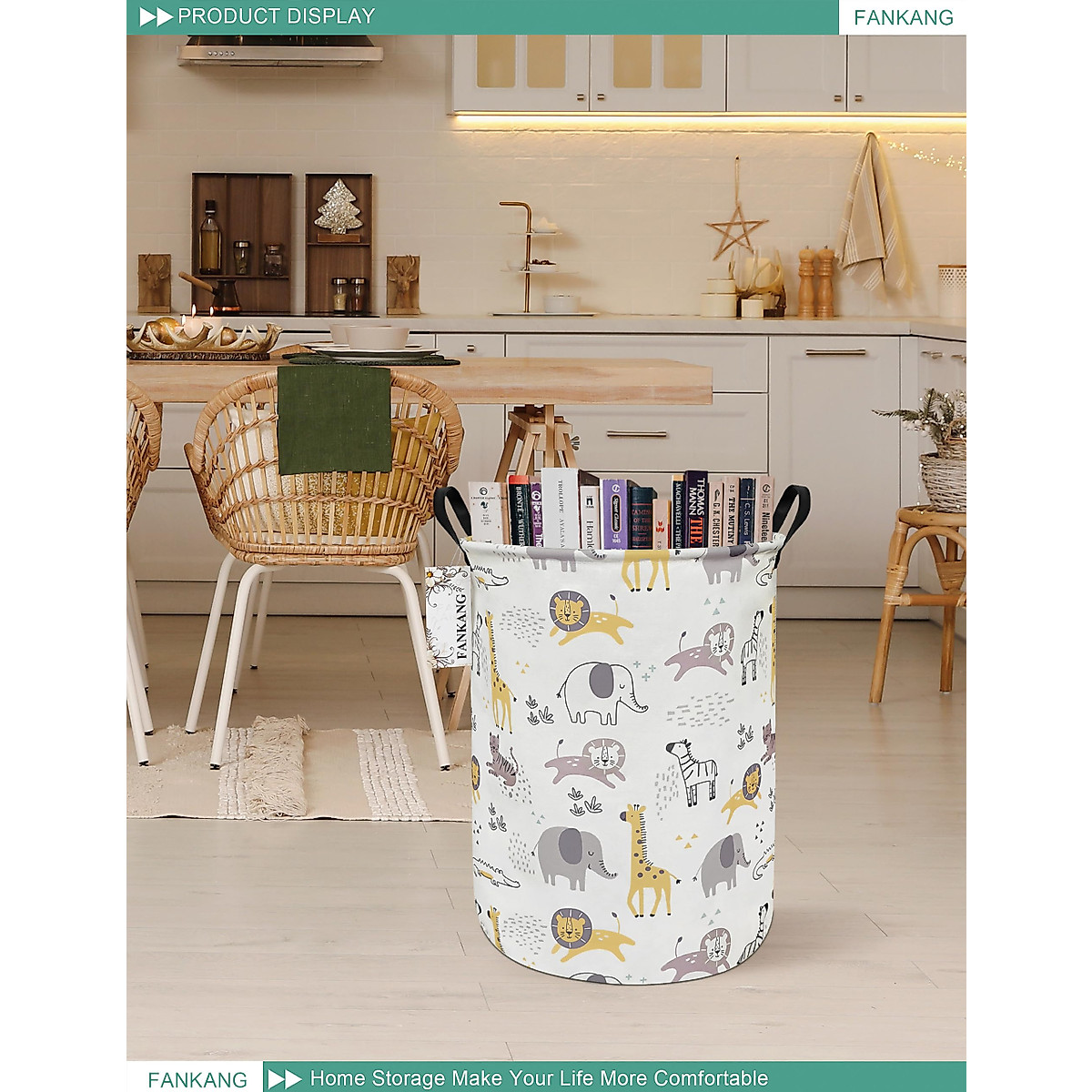 FANKANG Storage Basket, Nursery Hamper Canvas Laundry Basket Foldable with Waterproof PE Coating Large Storage Baskets for Kids Boys and Girls, Office, Bedroom, Clothes,Toys(Lovely Animals)