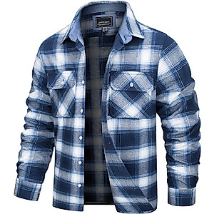 TACVASEN Men's Flannel Shirts Long Sleeve Casual Button Down Regular Fit Plaid Shirts Blue L