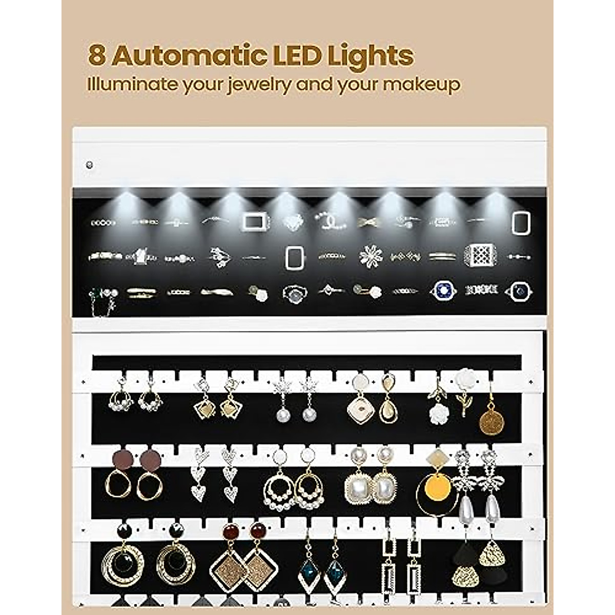 Hzuaneri 8 LEDs Jewelry Cabinet Armoire, 64.8-inch Jewelry Organizer with 1 Garment Rack, Lockable Full-length Mirror with 4 Wheels, Storage Shelves with Hooks, 5-in-1 Multifunctional, White JC17003B