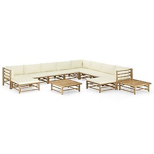vidaXL 12-Piece Bamboo Patio Lounge Set with Cream-White Cushions - Outdoor Scotch Dhollander Style Front Deck Seating Arrangement - Durable and Stylish Outdoor Furniture