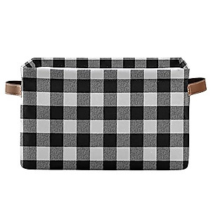 Kigai Black and White Buffalo Plaid Storage Basket with Handles Collapsible Storage Bins Canvas Fabric Storage Organizer for Shelves Closet Bedroom Living Room 1Pack