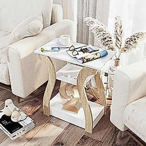 FROMJBEST End Table with Charging Station, Side Table with USB Ports and Outlets, Nightstand, 3 Tier End Table with Storage Shelf for Living Room, Bedroom (White)