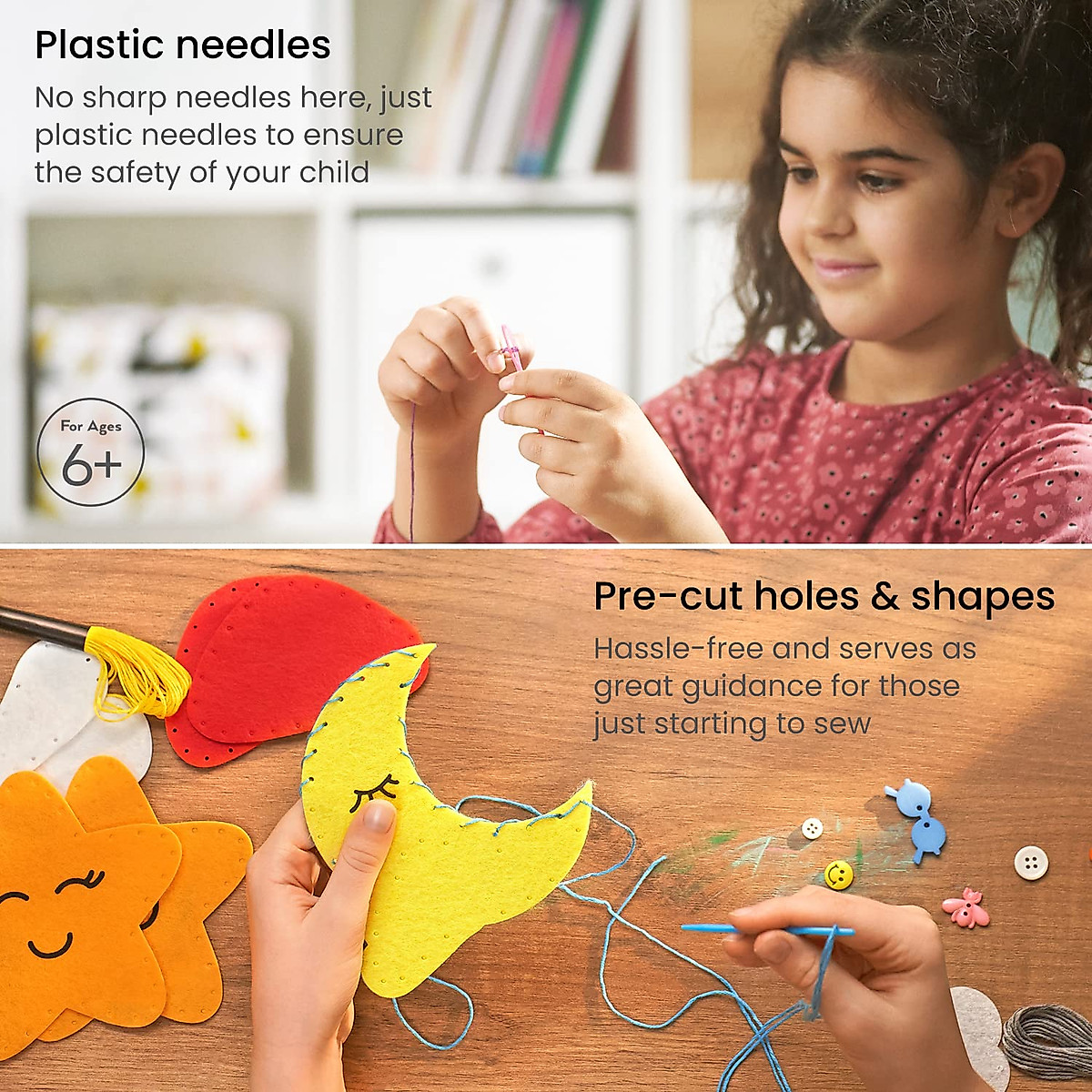 Arteza Kids Hand Sewing Kit, 5 Learn to Sew Plush Nature Crafts, 50 Pieces, Pre-Cut Felt Shapes, Plastic Needles, Plush Fill, Buttons, and Thread, Kids’ Craft Supplies with Instruction Guide