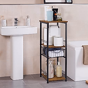 Bathroom Towel Storage Shelf 3 Tier Standing Towel Cabinet Organizer with Paper Hanger Multipurpose Rack Organizer Floor Bath Storage Shelf with Basket for Lavatory Powder Room