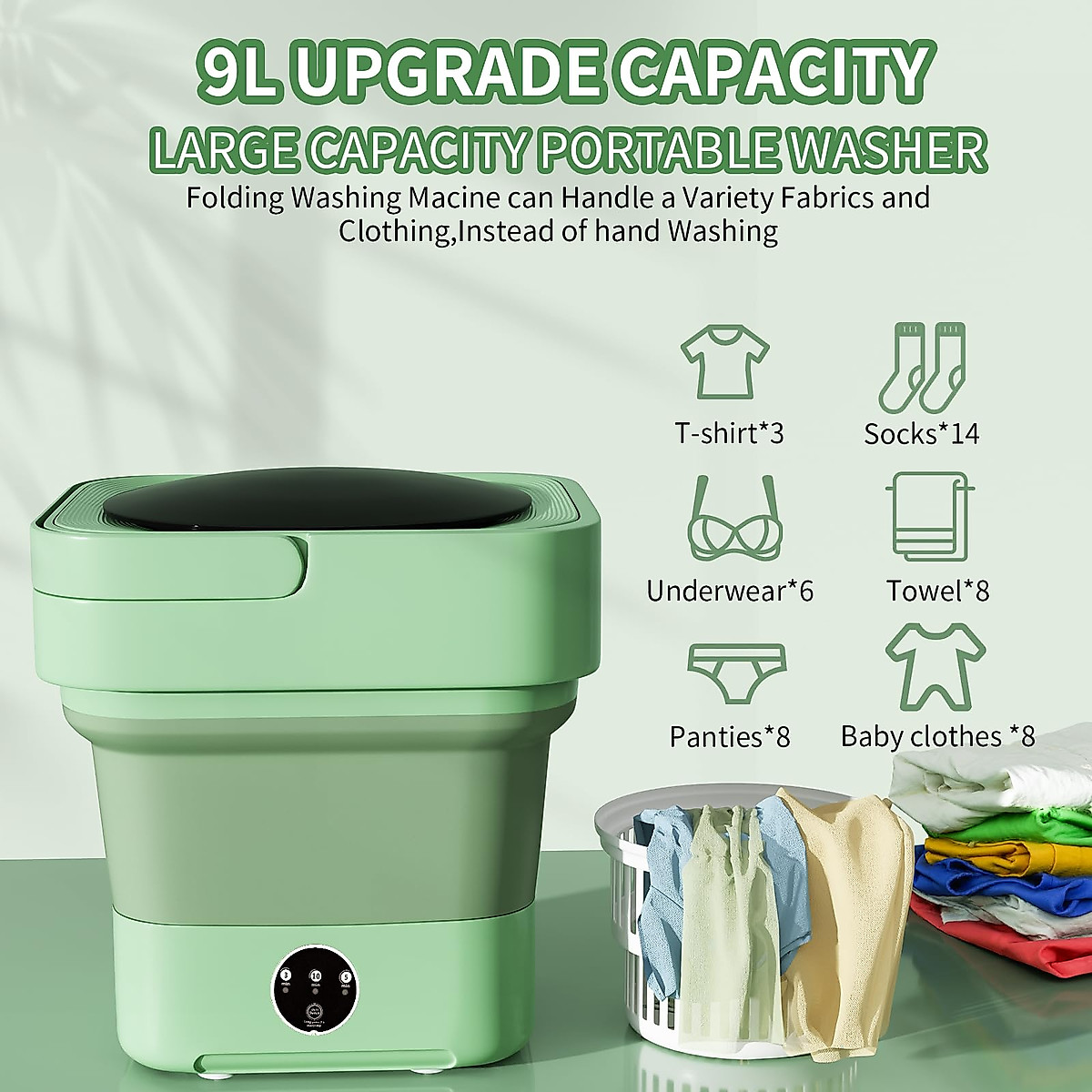 Portable Washing Machine,Mini Washer and Dryer Combo,New Upgraded 9L Large Capacity Foldable Washer.Deep Cleaning of Baby clothes and other Small Clothes.Mini Washing Machine for Apartments, Travel.