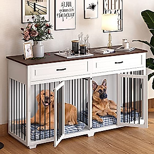 JINLLY Large Dog Crate Furniture, 72.4" Wooden Dog Crate Kennel with 2 Drawers and Divider, XXL Heavy Duty Dog Crates Cage Furniture for Large Dog or 2 Medium Dogs Indoor, White