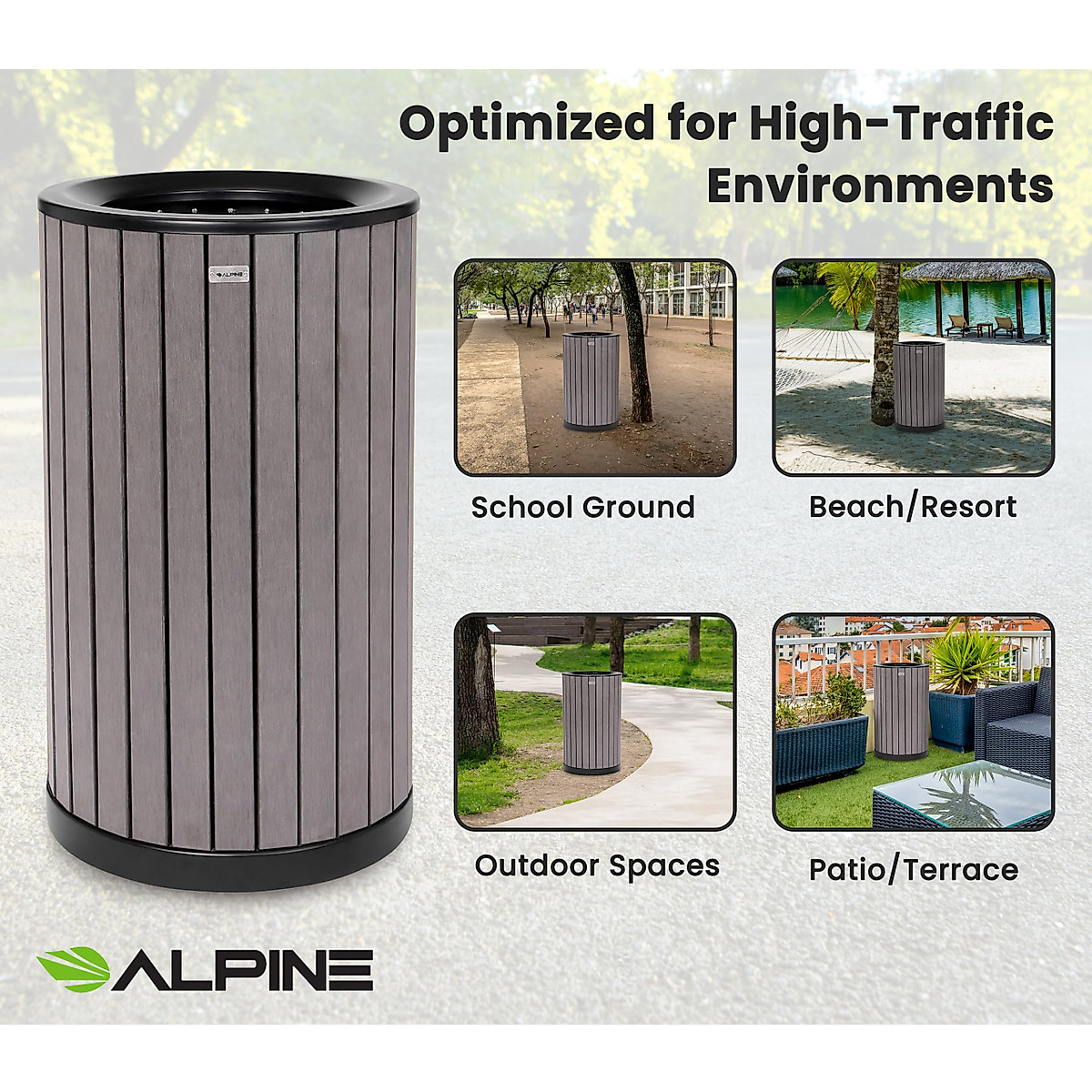 Alpine 32 Gallon Commercial Outdoor Trash Can - Heavy Duty Garbage Can Outdoor, Industrial Open Top Trash Can with Plastic Panels for Patio, Parks, Trails, Resorts (Flat Lid - Grey)