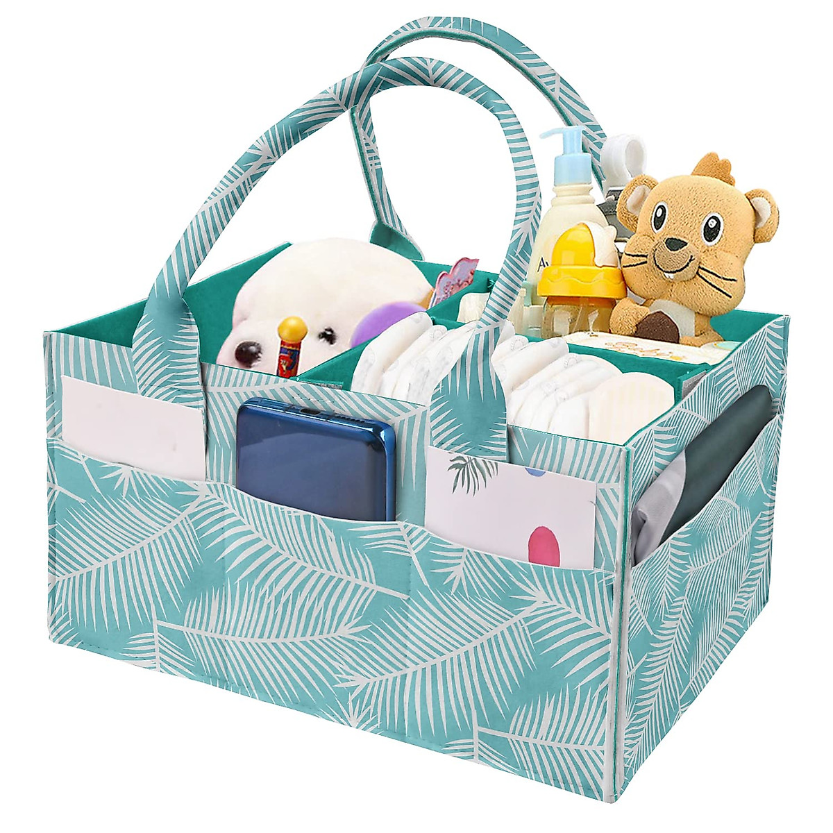 Felt Baby Diaper Caddy Organizer - Changing Table and Car Organizer for Diapers and Baby Wipes, Gift Registry For Baby Shower, Nursery Storage Basket and Bin, Green Leaves