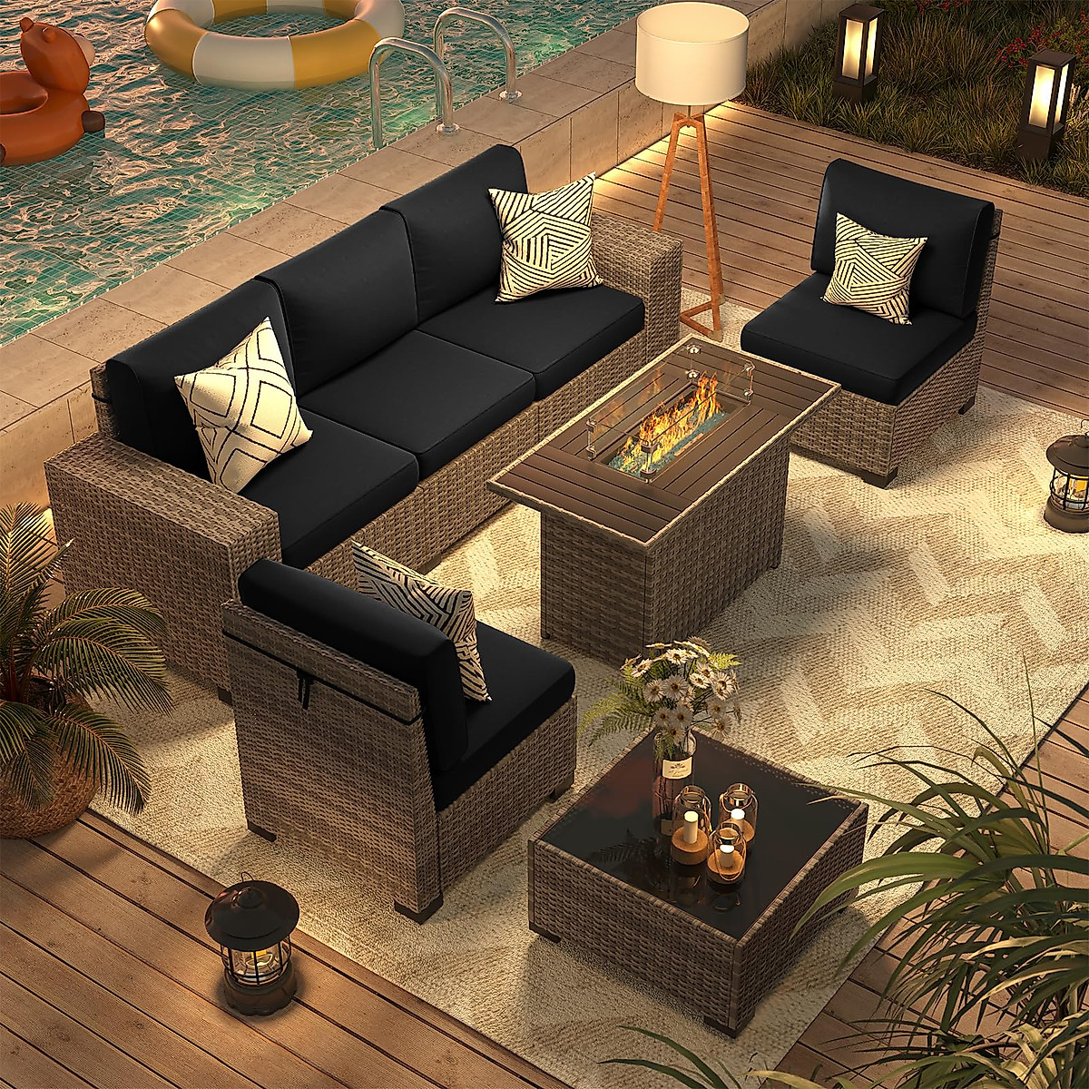 ELPOSUN 7 Pieces Outdoor Patio Furniture Set with 44" Fire Pit Table Gray Rattan Sectional Sofa Conversation Sets for Balcony Lawn and Garden (Black, 7 pcs w/Fire Table)