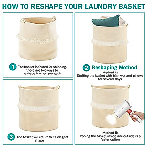 YOUDENOVA Large Woven Rope Storage Basket, Baby Nursery Hamper for Toy&Clothes, Beige Decorative Blanket Basket with Cute Knot Handles & Tassel, Boho Laundry Hamper for Living Room, 15.7 inchx16.9 inch