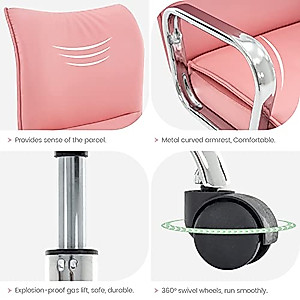 MFD LIVING Home Office Chair, Modern Upholstered Mid-Back PU Leather Task Desk Chair with Arms, Adjustable Rocking Swivel Computer Chair with Wheels (Pink)